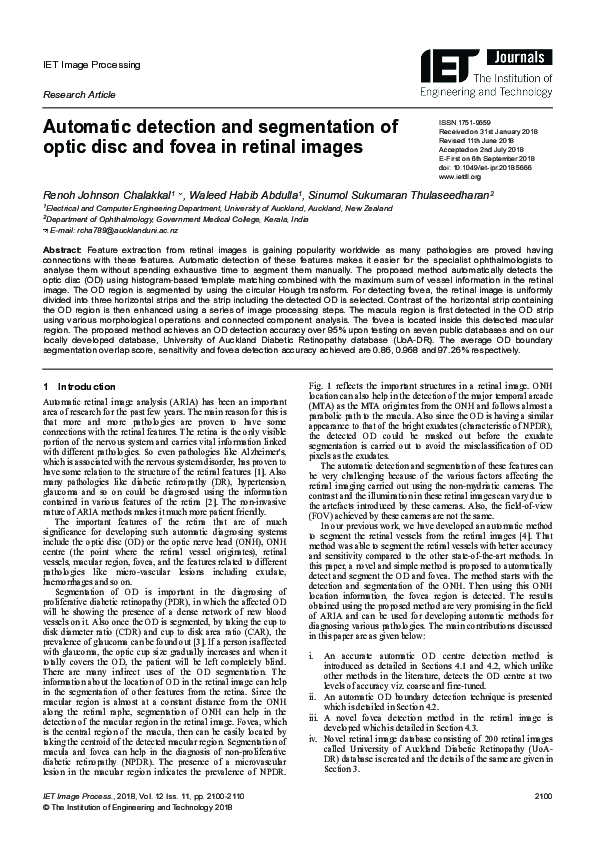 Pdf Automatic Detection And Segmentation Of Optic Disc And Fovea In Retinal Images