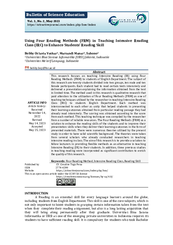 Pdf Using Four Reading Methods Frm In Teaching Intensive Reading
