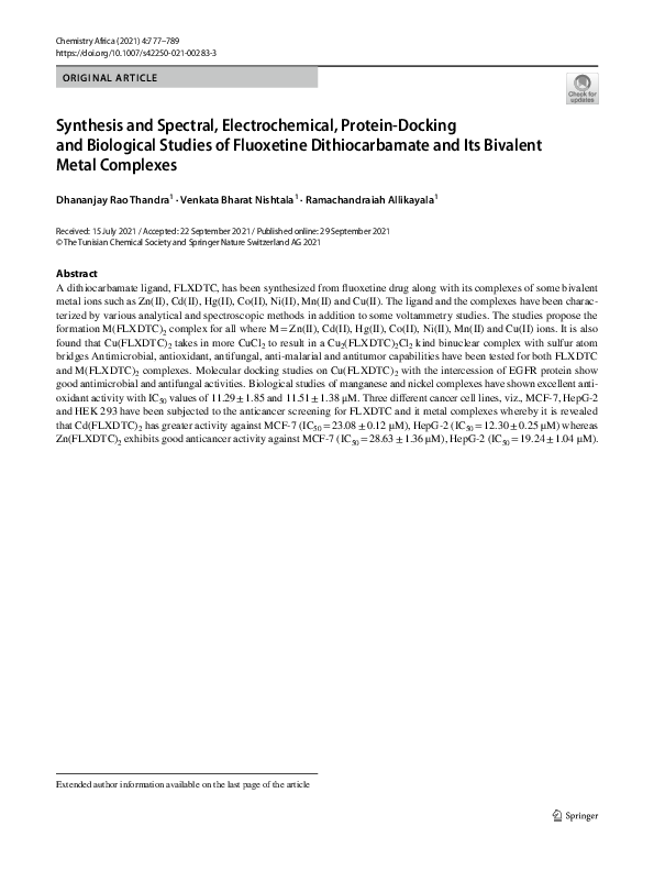 (PDF) Synthesis and Spectral, Electrochemical, Protein-Docking and Biological Studies of ...
