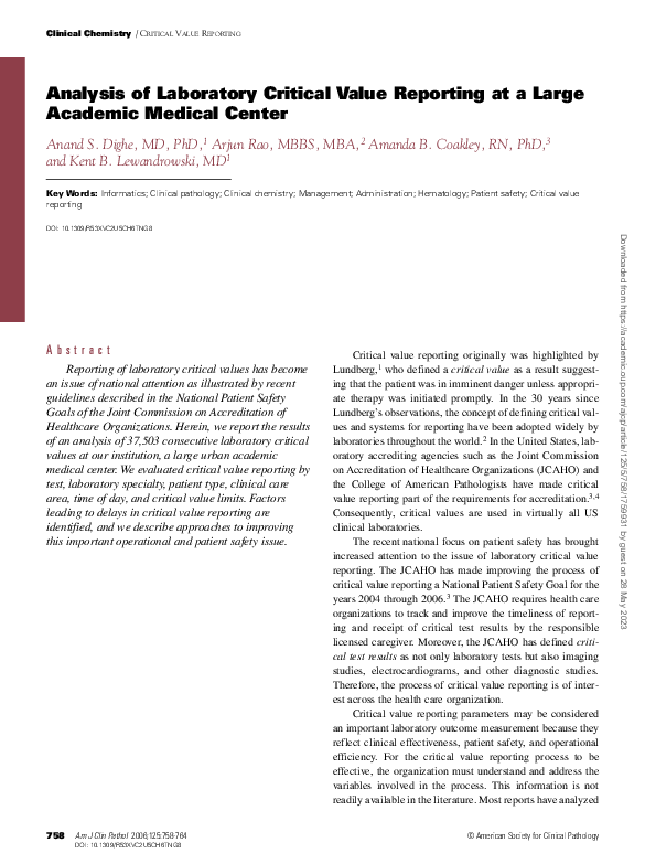 (PDF) Analysis of Laboratory Critical Value Reporting at a Large ...