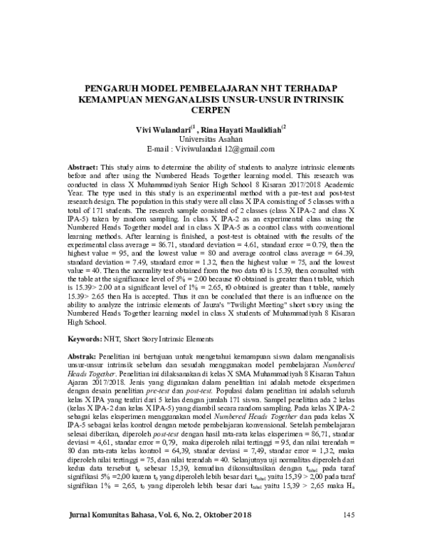 (PDF) Pengaruh Model Pembelajaran NHT Terhadap Kemampuan Menganalisis Unsur-Unsur Intrinsik Cerpen