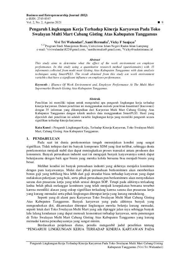 Pengaruh Lingkungan Kerja Terhadap Kinerja Karyawan Pada Toko Swalayan ...