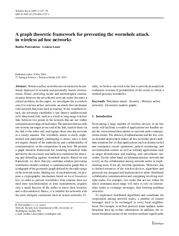 (PDF) A graph theoretic framework for preventing the wormhole attack in wireless ad hoc networks