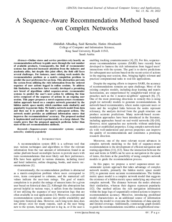 (PDF) A Sequence-Aware Recommendation Method based on Complex Networks