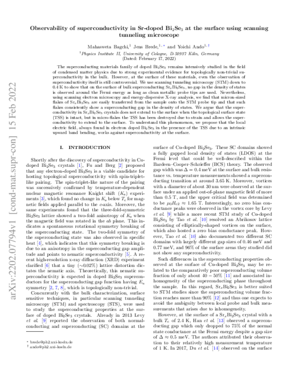 (PDF) Observability of superconductivity in Sr-doped Bi2Se3 at the surface using scanning ...