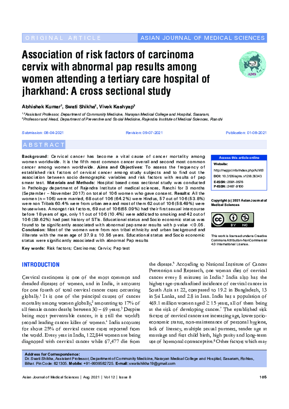 (PDF) Association of risk factors of carcinoma cervix with abnormal pap ...