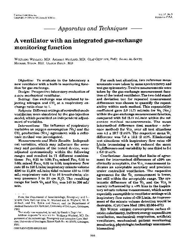 (PDF) A ventilator with an integrated gas-exchange monitoring function