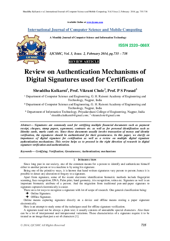 (PDF) Review on Authentication Mechanisms of Digital Signatures used for Certification