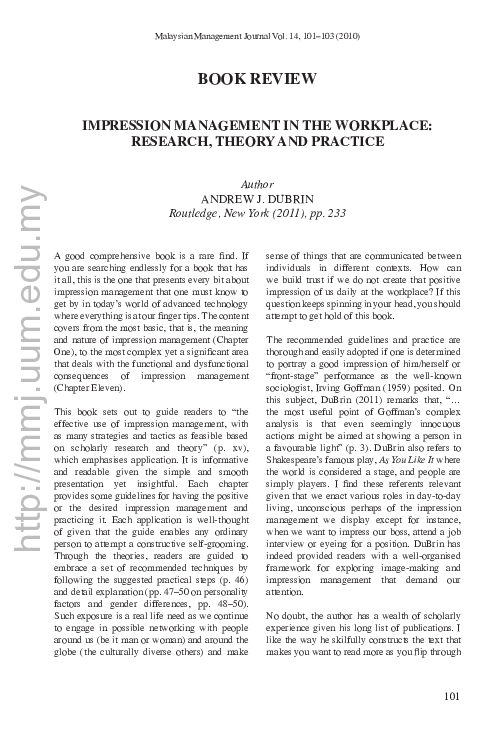 (PDF) Book Review Impression Management in the Workplace: Research ...
