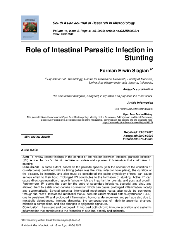 (PDF) Role of Intestinal Parasitic Infection in Stunting