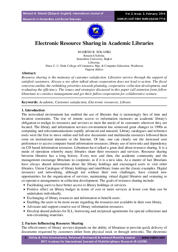 (PDF) Electronic Resource Sharing in Academic Libraries