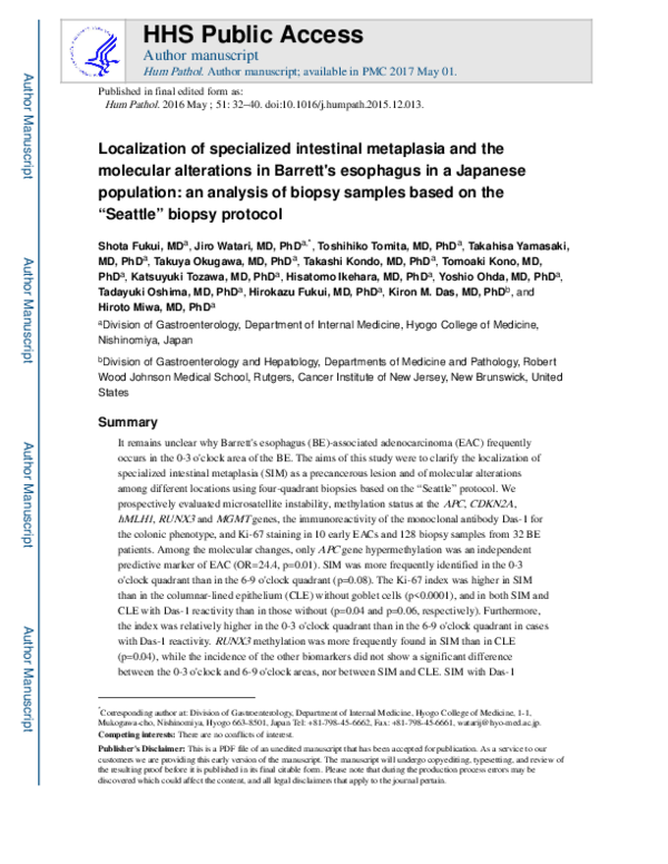 (PDF) Localization of specialized intestinal metaplasia and the ...