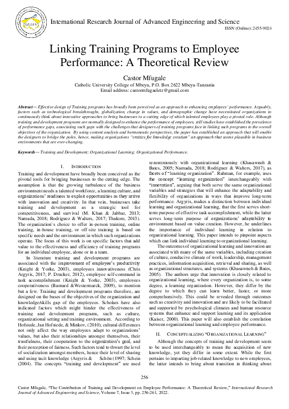 (PDF) Linking Training Programs to Employee Performance: A Theoretical Review