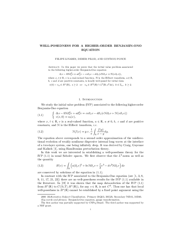 (PDF) Well-posedness for a higher-order Benjamin–Ono equation | Gustavo Ponce - Academia.edu