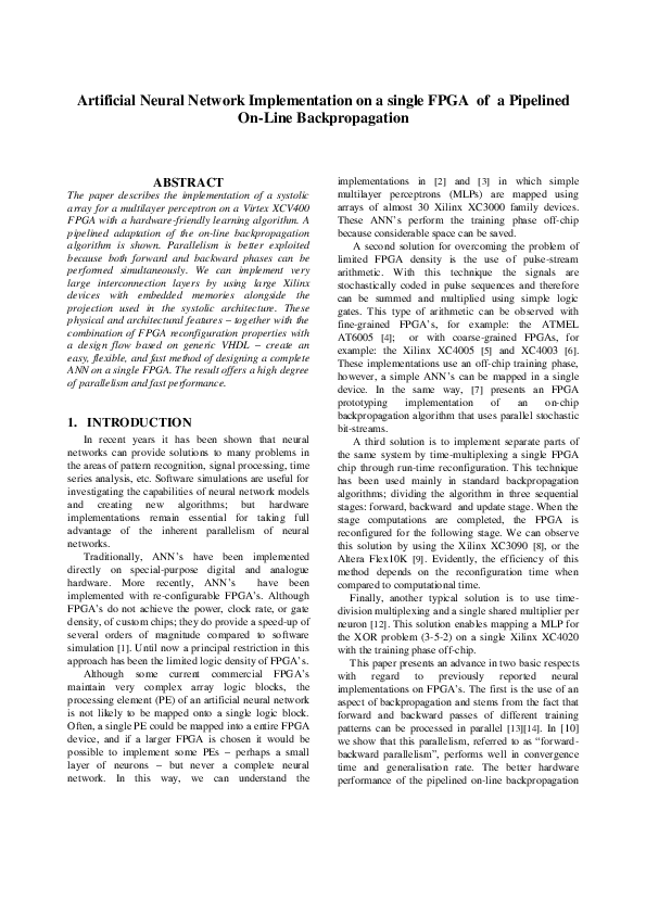 Pdf Artificial Neural Network Implementation On A Single Fpga Of A