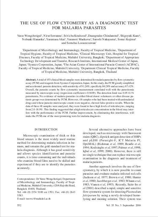 (PDF) The use of flow cytometry as a diagnostic test for malaria parasites