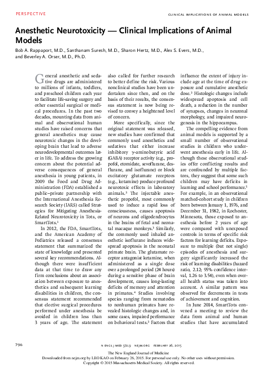 (PDF) Anesthetic neurotoxicity--clinical implications of animal models