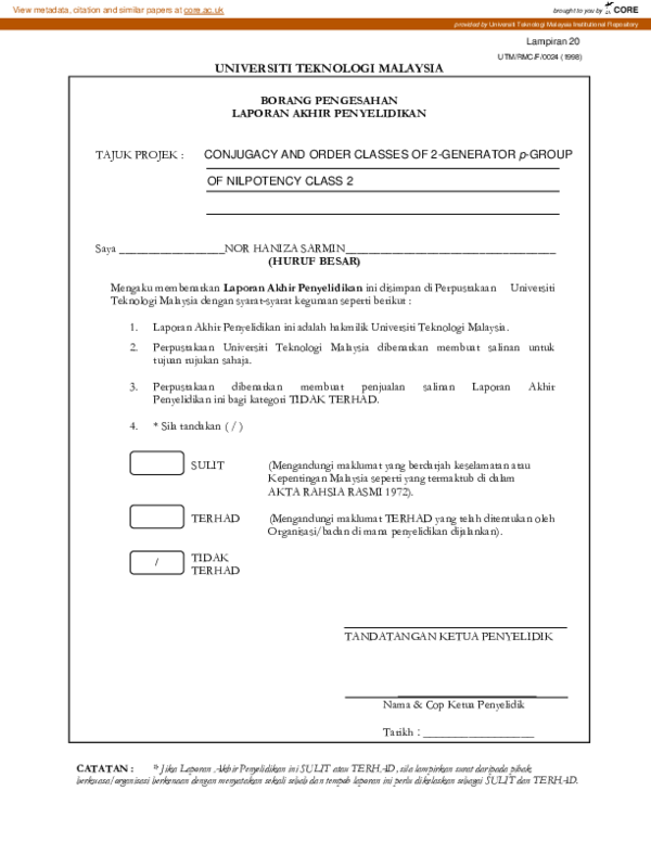 (PDF) Conjugacy and Order Classes of Two-Generator P-Groups of Nilpotency Class Two