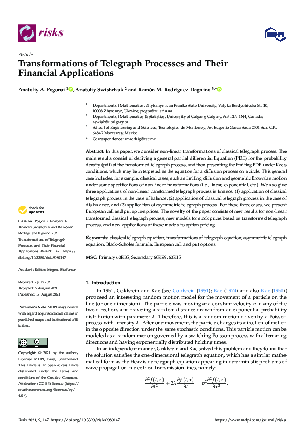 (PDF) Transformations of Telegraph Processes and Their Financial Applications
