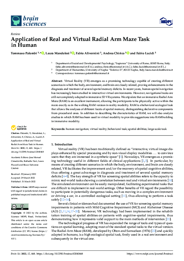 (PDF) Application of Real and Virtual Radial Arm Maze Task in Human