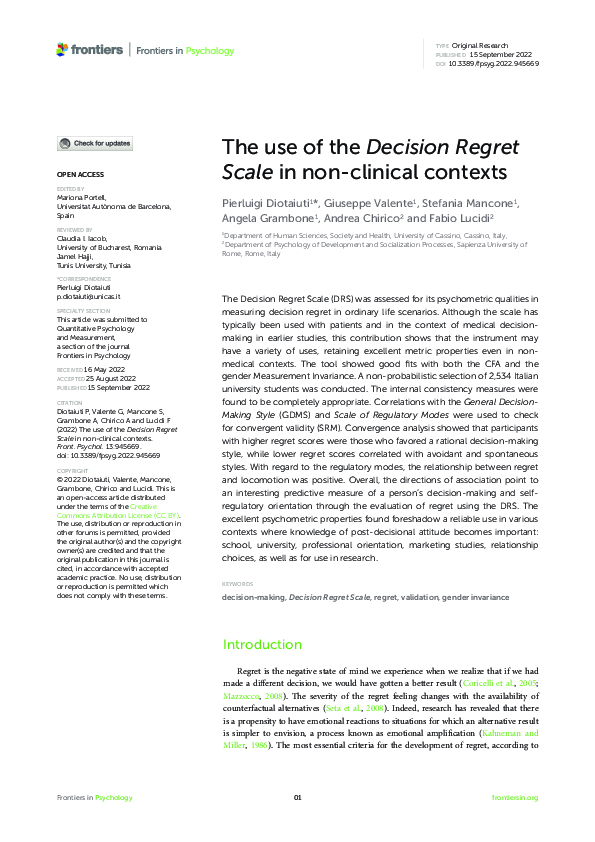 (PDF) The use of the Decision Regret Scale in non-clinical contexts