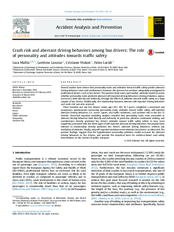 (PDF) Crash risk and aberrant driving behaviors among bus drivers: The role of personality and ...