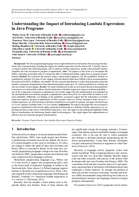 (PDF) Understanding the Impact of Introducing Lambda Expressions in Java Programs