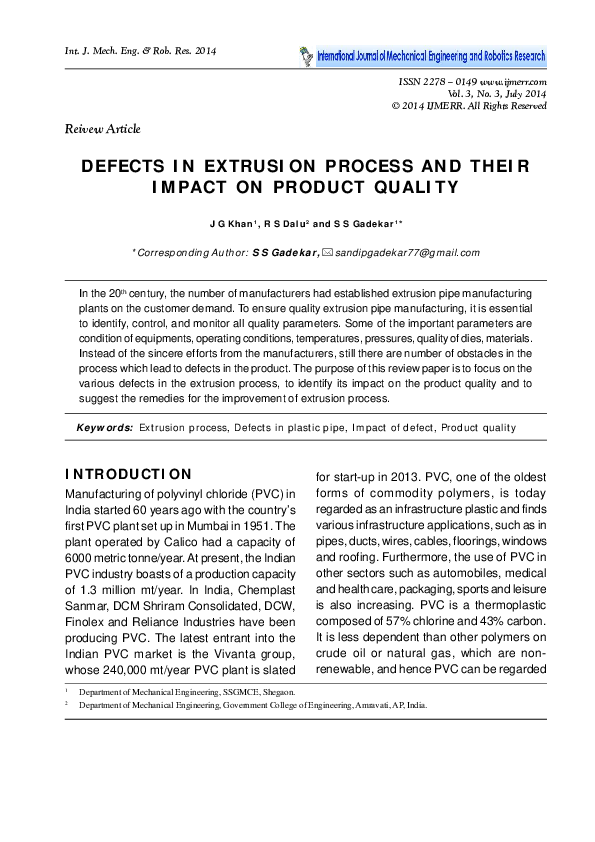 (PDF) Defects in Extrusion Process and Their Impact on Product Quality