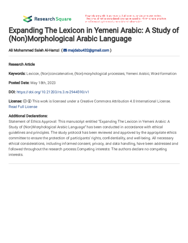 (PDF) Expanding The Lexicon in Yemeni Arabic: A Study of (Non)Morphological Arabic Language