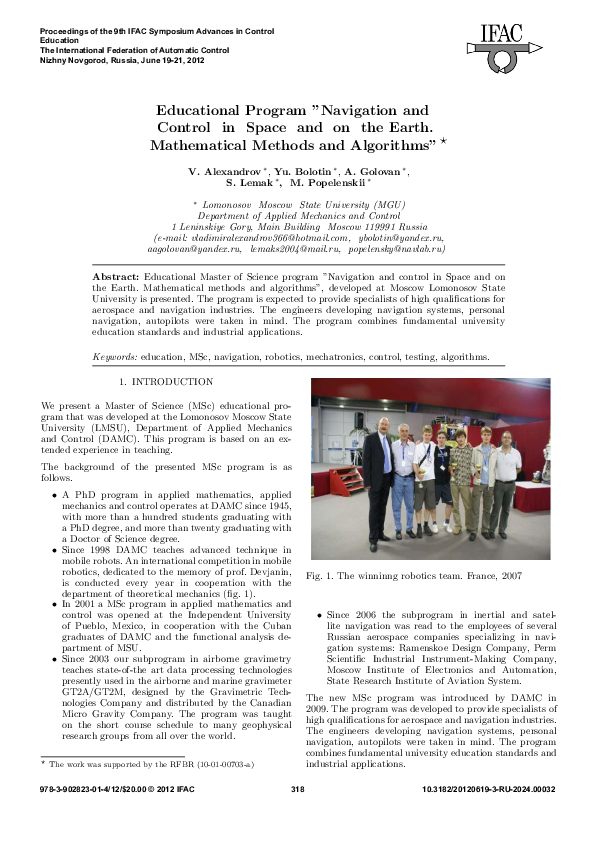 (PDF) Educational Program “Navigation and Control in Space and on the Earth. Mathematical ...