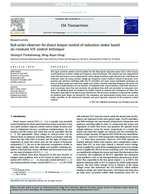 Pdf Full Order Observer For Direct Torque Control Of Induction Motor Based On Constant V F