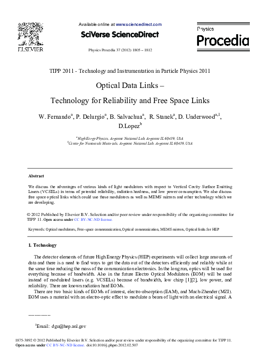 (PDF) Optical Data Links – Technology for Reliability and Free Space Links