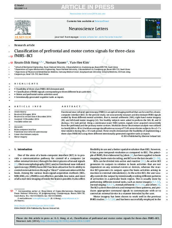 (PDF) Classification of prefrontal and motor cortex signals for three-class fNIRS–BCI