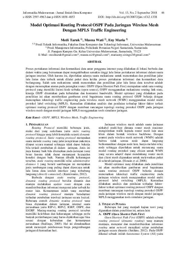 Pdf Model Optimasi Routing Protocol Ospf Pada Jaringan Wireless Mesh