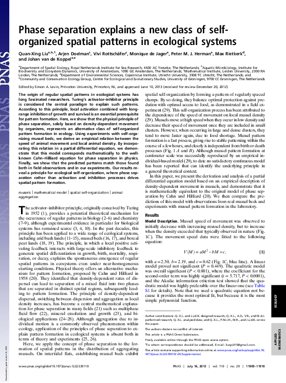 (PDF) Phase separation explains a new class of self-organized spatial patterns in ecological systems