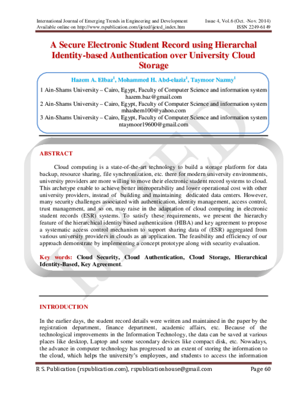 (PDF) A Secure Electronic Student Record using Hierarchal Identity-based Authentication over ...