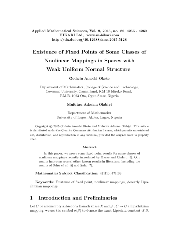 (PDF) Existence of fixed points of some classes of nonlinear mappings in spaces with weak ...