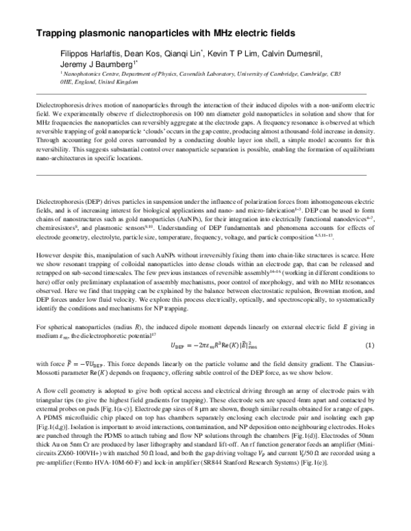 (PDF) Trapping plasmonic nanoparticles with MHz electric fields | dean kos - Academia.edu