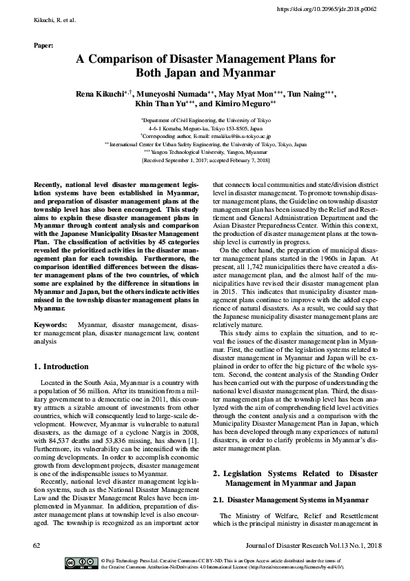 (PDF) A Comparison of Disaster Management Plans for Both Japan and Myanmar