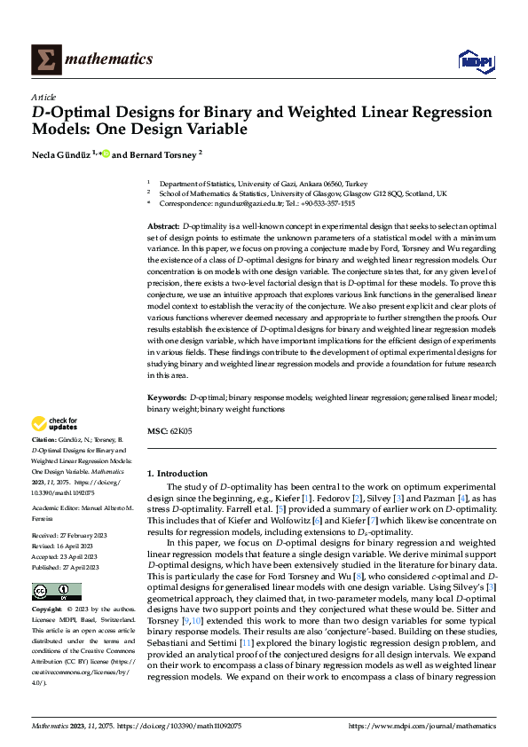 (PDF) D-Optimal Designs for Binary and Weighted Linear Regression ...
