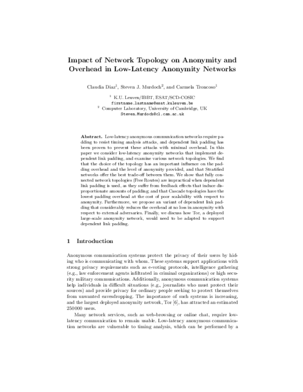 (PDF) Impact of Network Topology on Anonymity and Overhead in Low ...