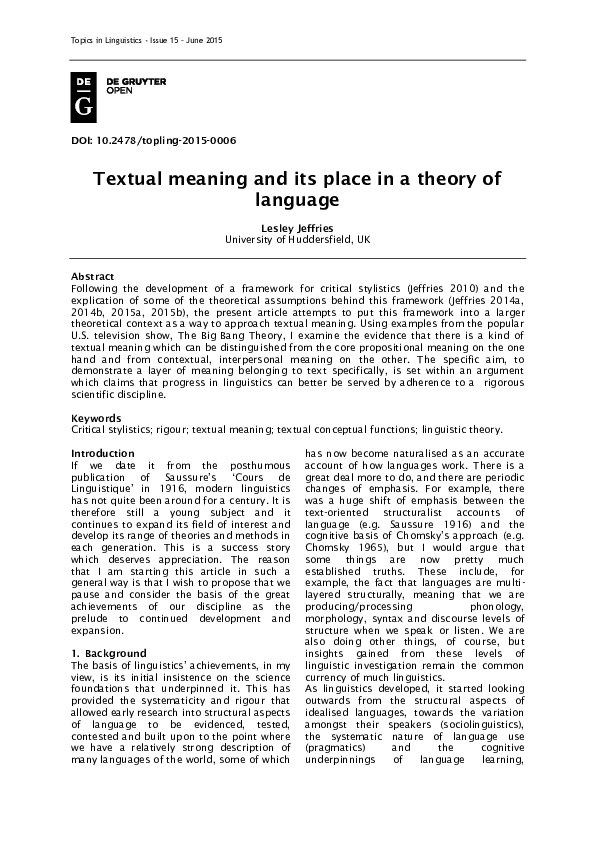 (PDF) Textual meaning and its place in a theory of language