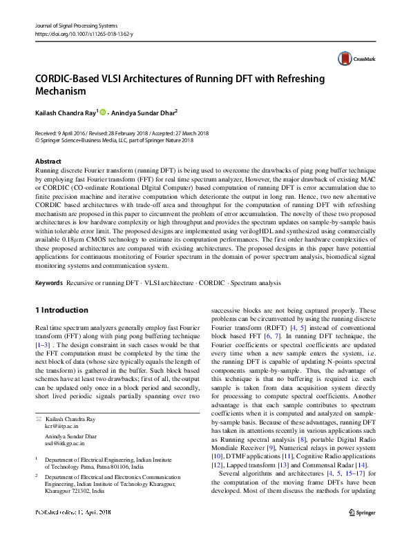 (PDF) CORDIC-Based VLSI Architectures of Running DFT with Refreshing Mechanism