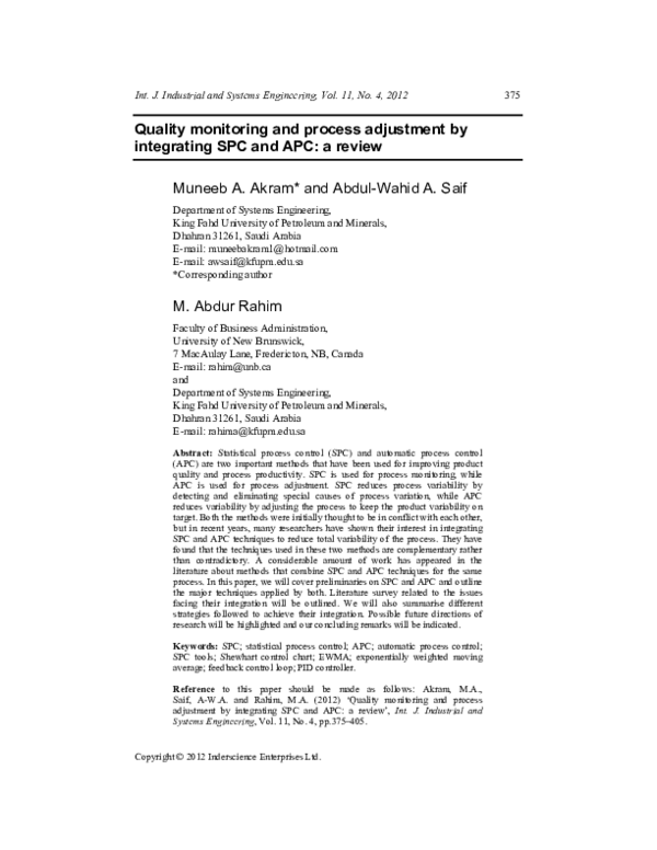 (PDF) Quality monitoring and process adjustment by integrating SPC and APC: a review