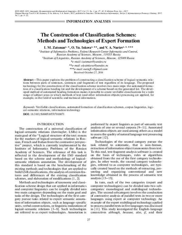 (PDF) The construction of classification schemes: Methods and technologies of expert formation