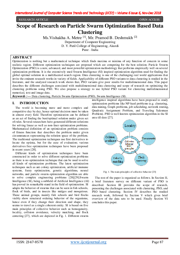 Pdf Scope Of Research On Particle Swarm Optimization Based Data Clustering Vishakha Metre
