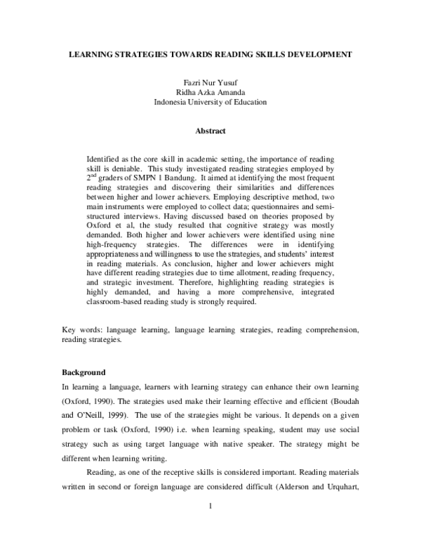 (PDF) Learning Strategies Towards Reading Skills Development