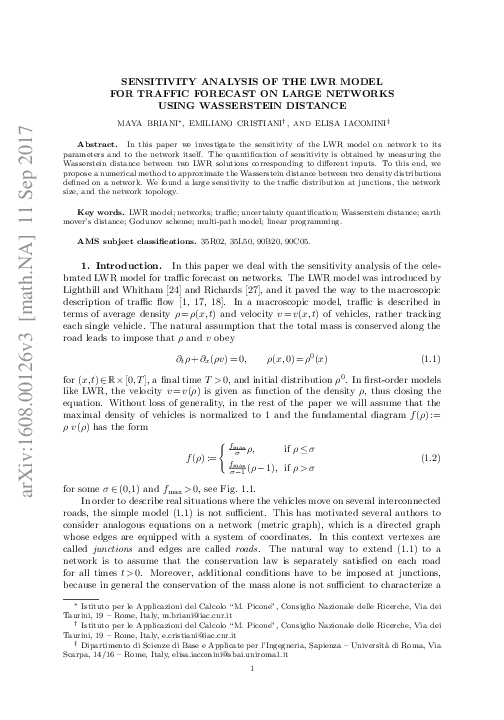 (PDF) Sensitivity analysis of the LWR model for traffic forecast on large networks using ...