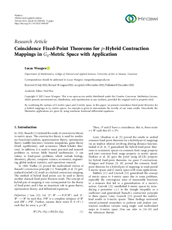 Pdf Coincidence Fixed Point Theorems For P Hybrid Contraction Mappings In G B Metric Space