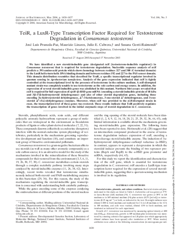 (PDF) TeiR, a LuxR-Type Transcription Factor Required for Testosterone ...